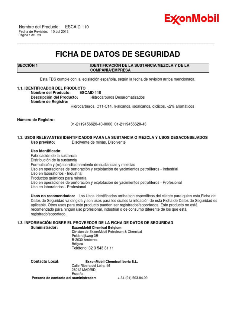 Ficha de Seguridad de Escaid 110 | PDF | Agua | Residuos