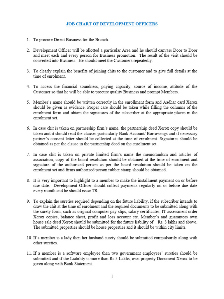 Job Chart of Development Officers | PDF | Auction | Cheque