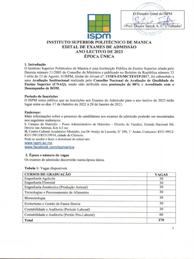 Edital de Exames de Admissão ISPM-2023 | PDF