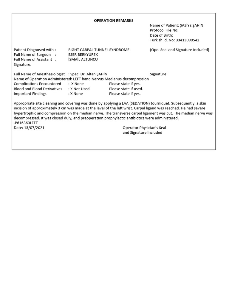 Left Hand Carpal Tunnel Surgery | PDF