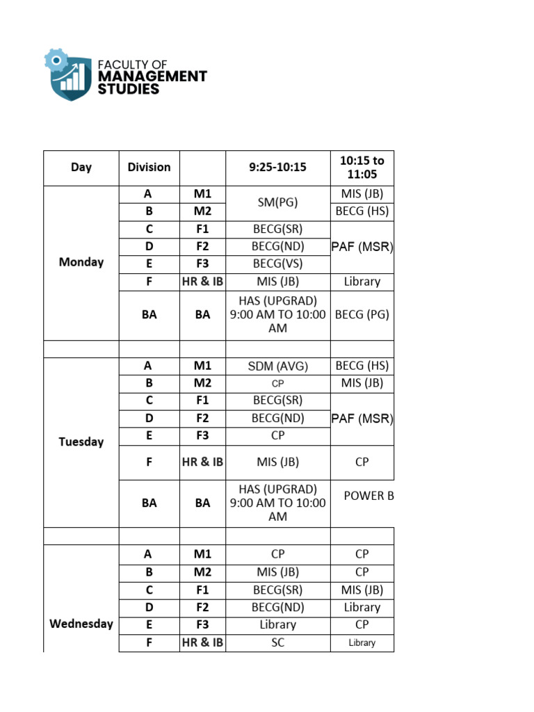 MBA Business Analytics Timetable | PDF | Business | Economies