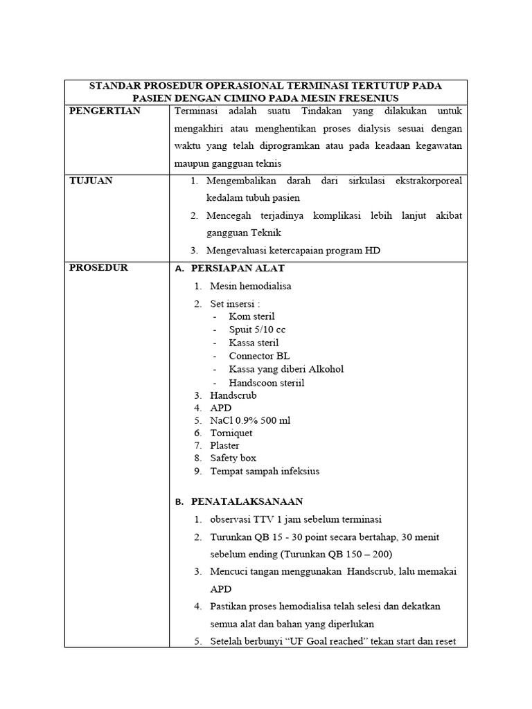 Spo Terminasi Tertutup Cimino Mesin Fresenius | PDF