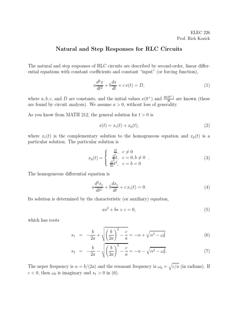 Natural and Step Responses For RLC Circuits: A D X DT DX DT | PDF ...