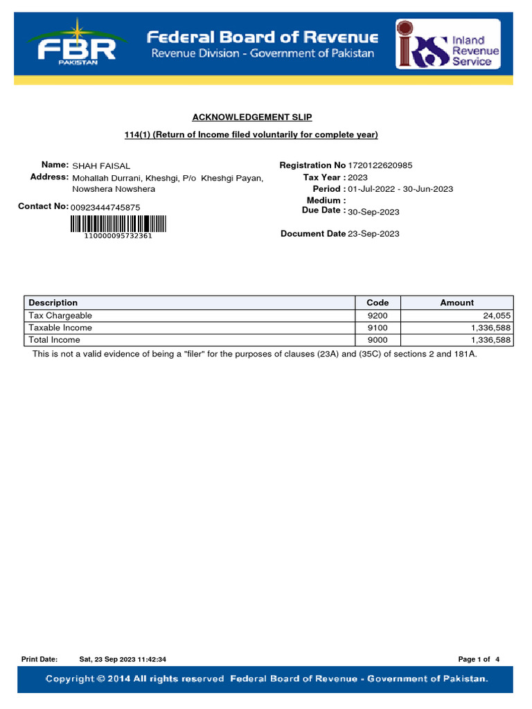 114 (1) (Return of Income Filed Voluntarily For Complete Year) - 2023 ...