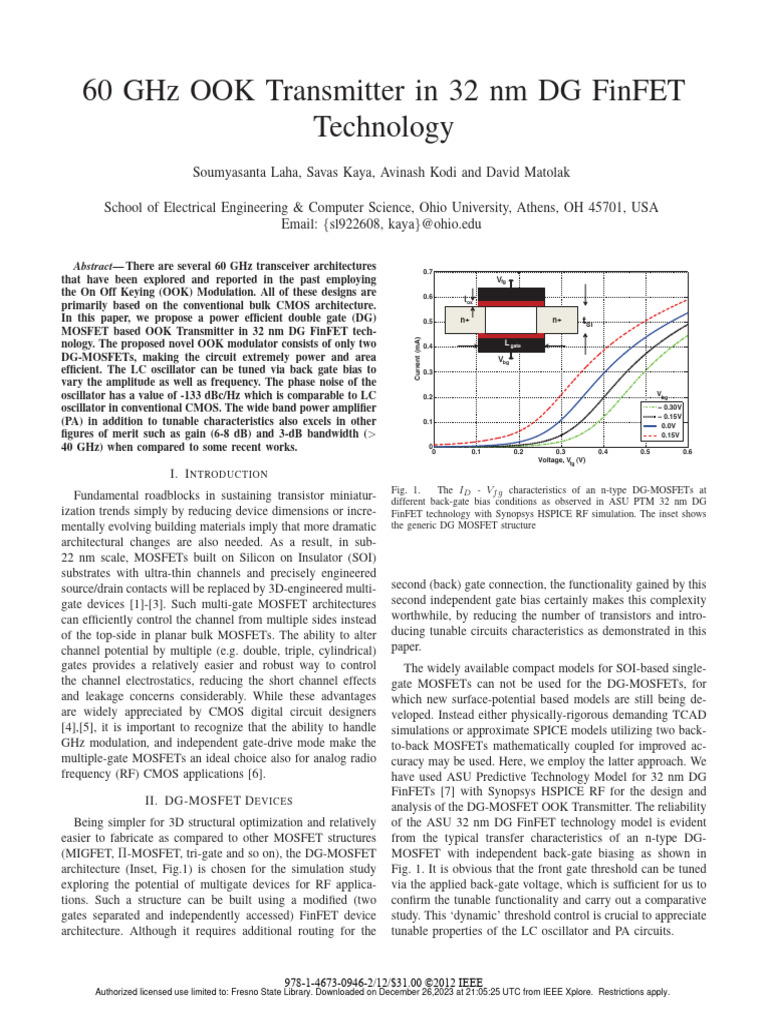 60 GHz OOK Transmitter in 32 Nm DG FinFET Technology (1) | PDF | Mosfet ...