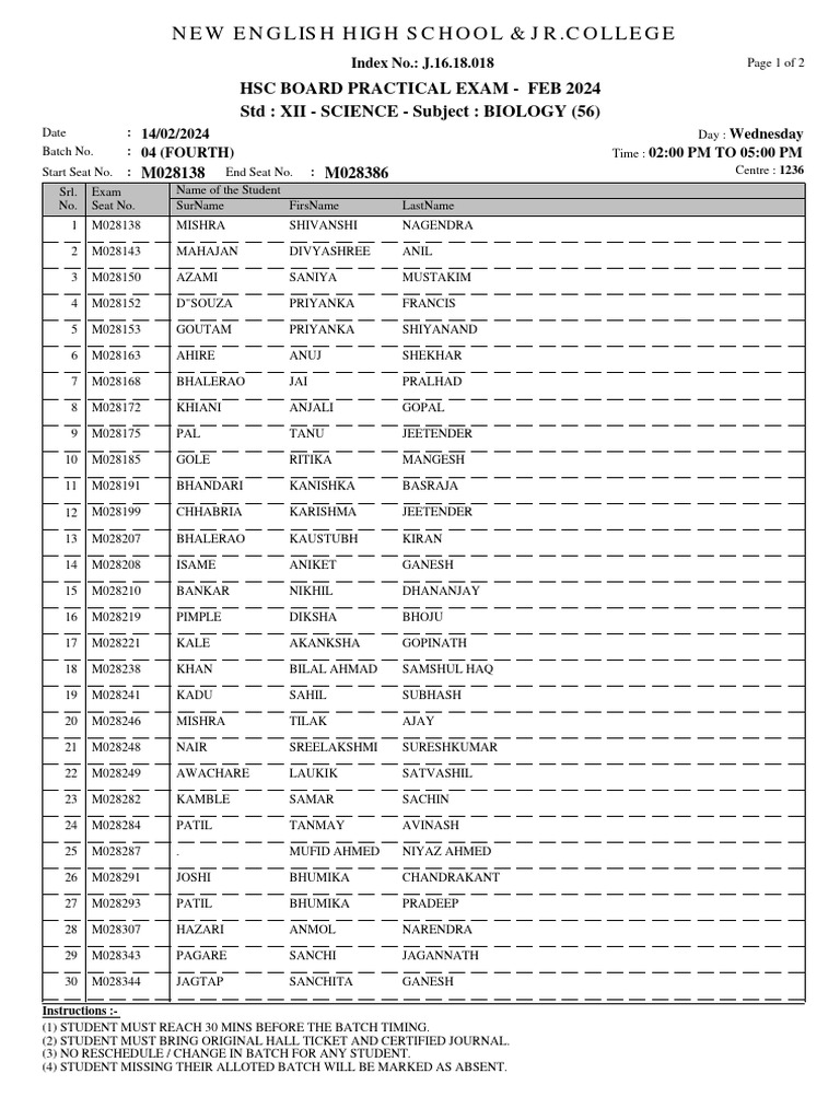 HSC Biology Practical Exam Schedule 2024 | PDF