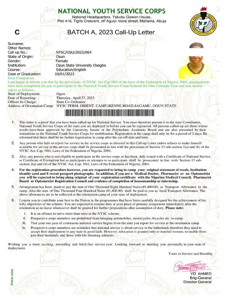 Call up letter 1 | PDF