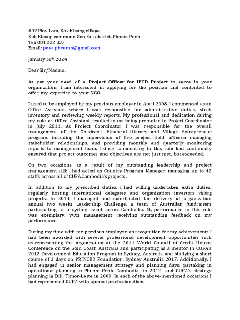 Cover Letter Phearun Pove | PDF | Business