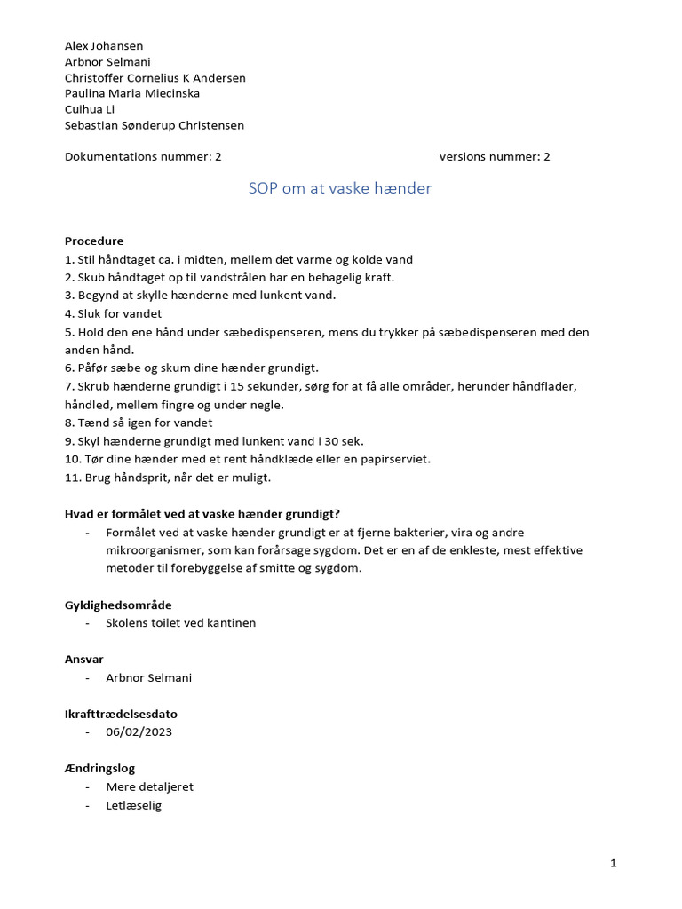SOP Om at Vaske Hænder vr.2 | PDF