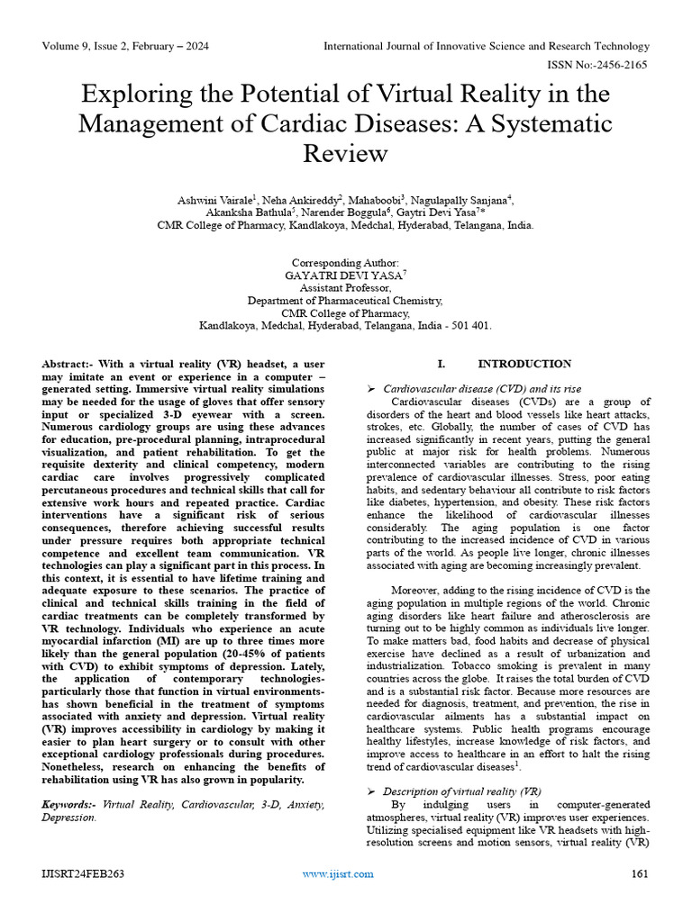 Exploring The Potential of Virtual Reality in The Management of Cardiac Diseases: A Systematic ...
