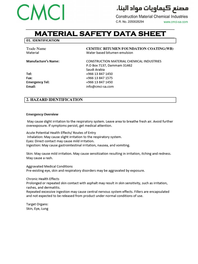 Cemtec Bitumen Foundation Coating (WB) MSDS | PDF | Personal Protective ...