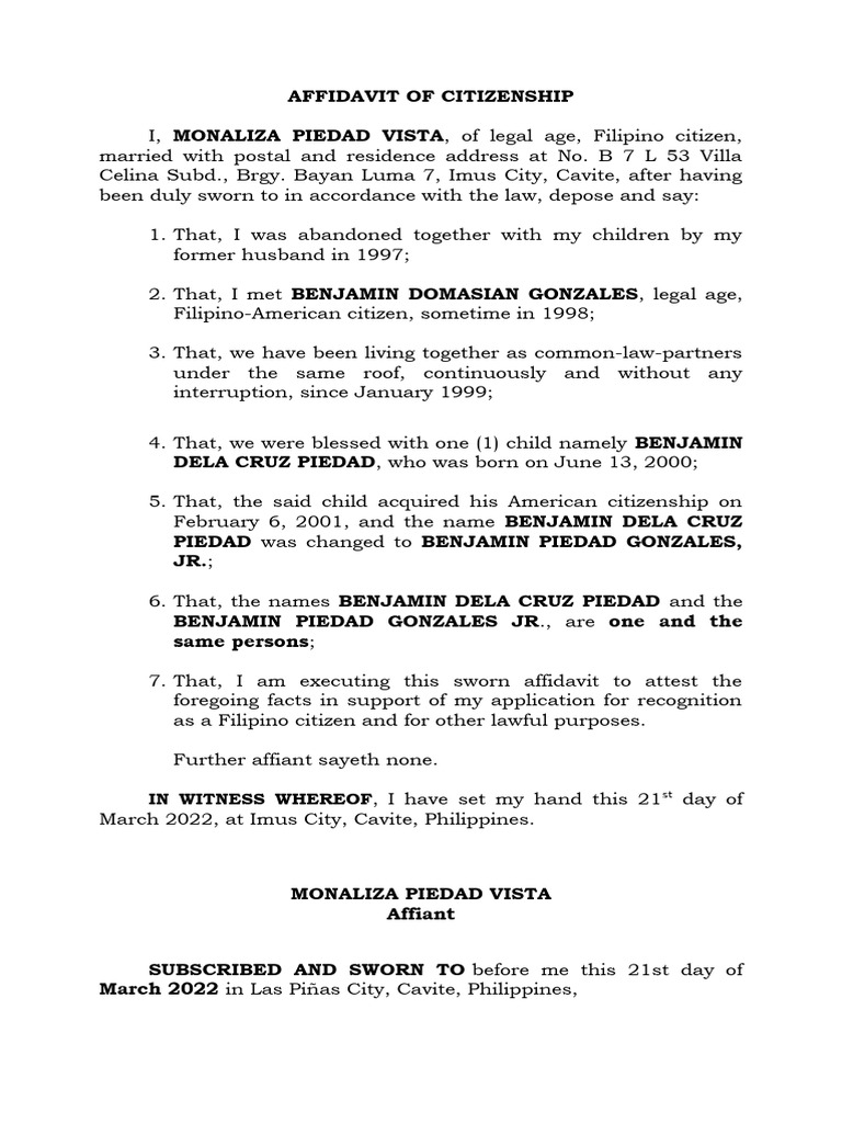 Affidavit of Citizenship Monaliza Dela Cruz Piedad | PDF