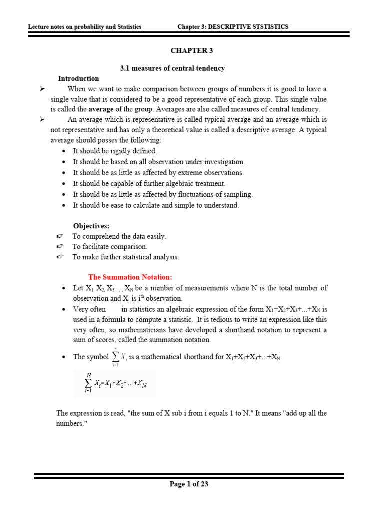 Chapter 3 Descriptive Statistic | PDF | Mean | Summation