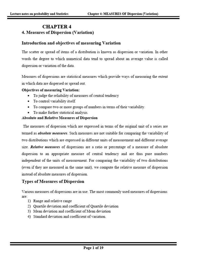 Chapter-4 - Measures of Disperstion | PDF | Standard Deviation | Variance