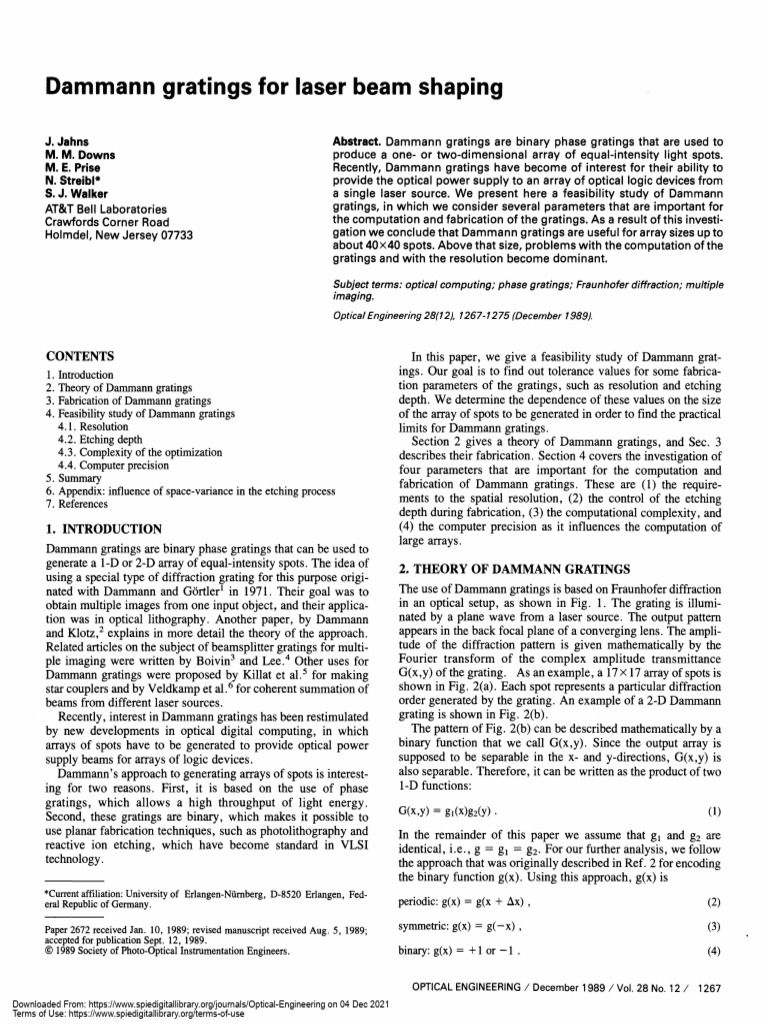 Dammann Grating For Laser Beam Shaping | PDF | Diffraction | Optics