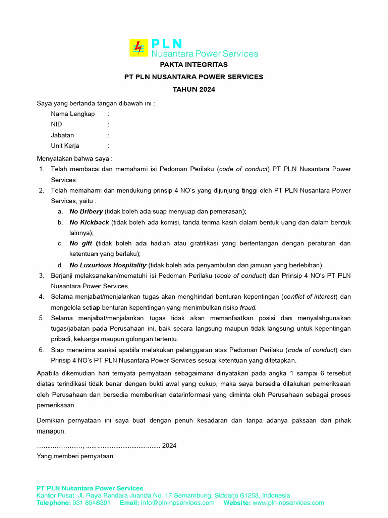 Pakta Integritas Karyawan PT PLN NP Services | PDF