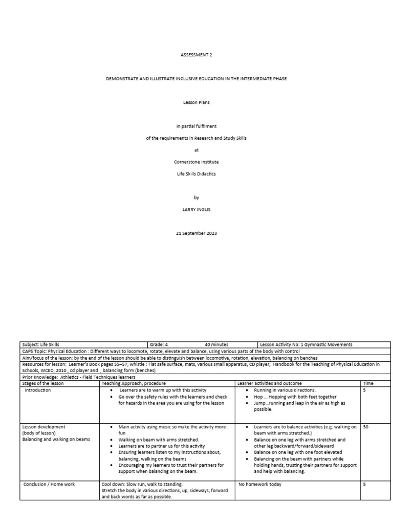 Inglis. L 64067 Life Skills Assignment 2 | PDF | Learning | Dances