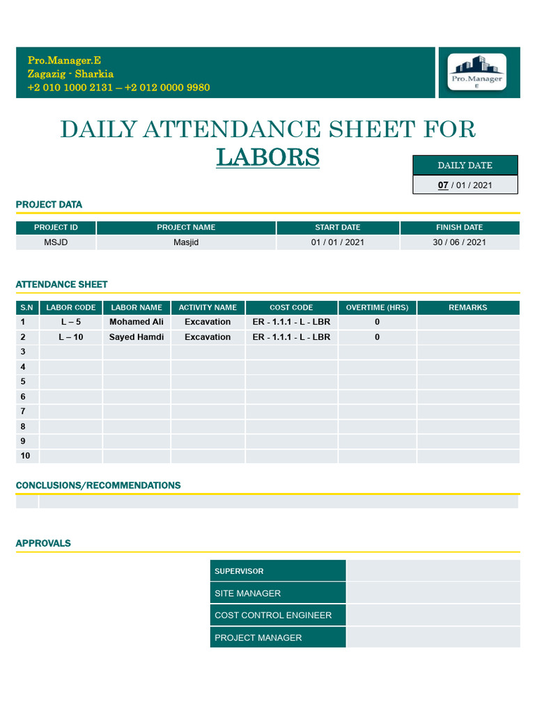 Daily Attendance Sheet For Labor | PDF