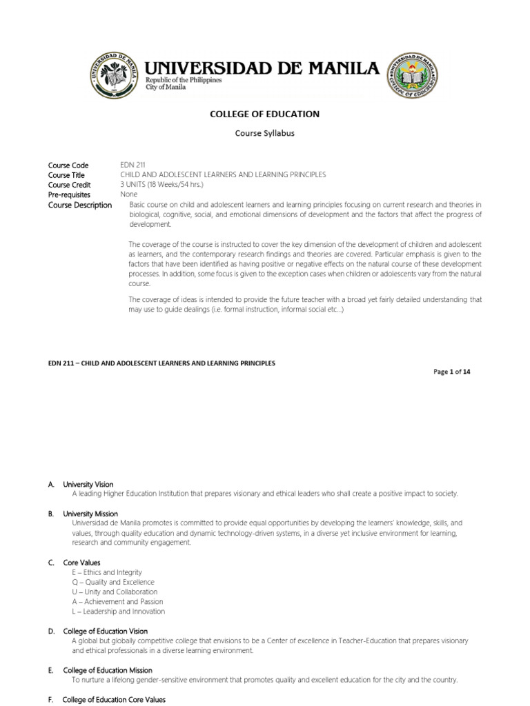 The Child and Adolescent Learner and Learning Principles Syllabus SY ...