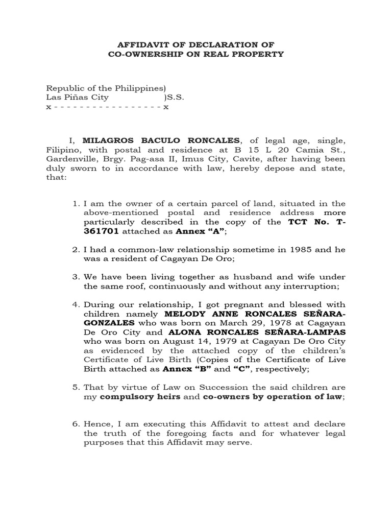 Affidavit For The Declaration of Co-Ownership On Real Property Milagros Baculo Roncales | PDF