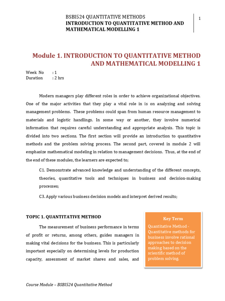 Module 1 - Intro To Modeling 1 - wk1 | PDF | Quantitative Research ...