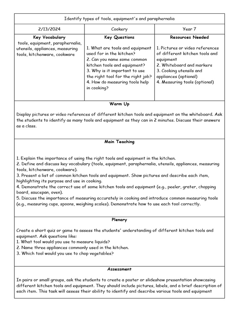 Year 7's Identify Types of Tools, Equipment's and Paraphernalia Lesson ...