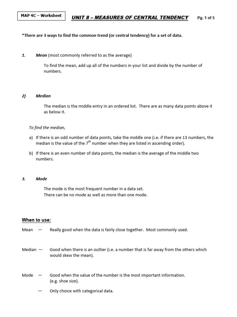 Worksheet 3 Measures of Central Tendency | PDF | Mean | Mode (Statistics)