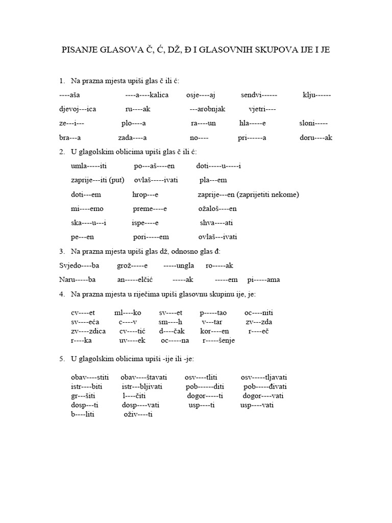 Pisanje Glasova Č Ć DŽ Đ Je Ije Vježba | PDF