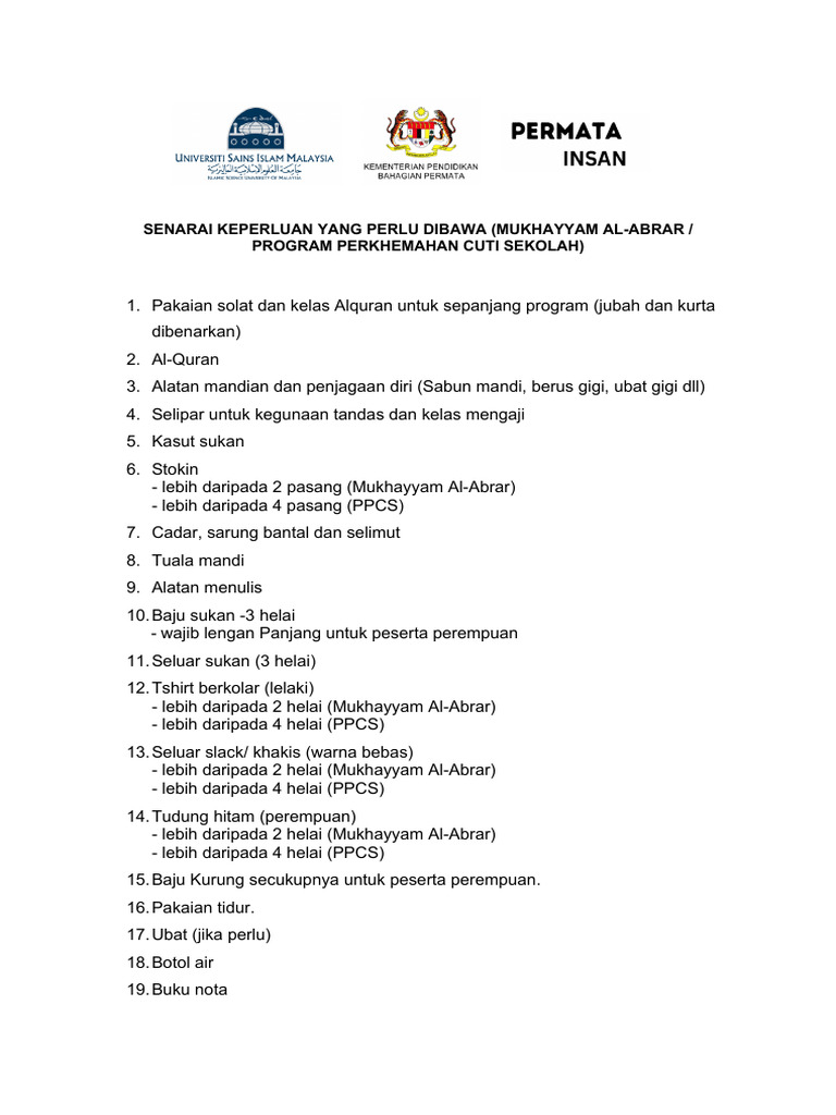Senarai Keperluan Program | PDF