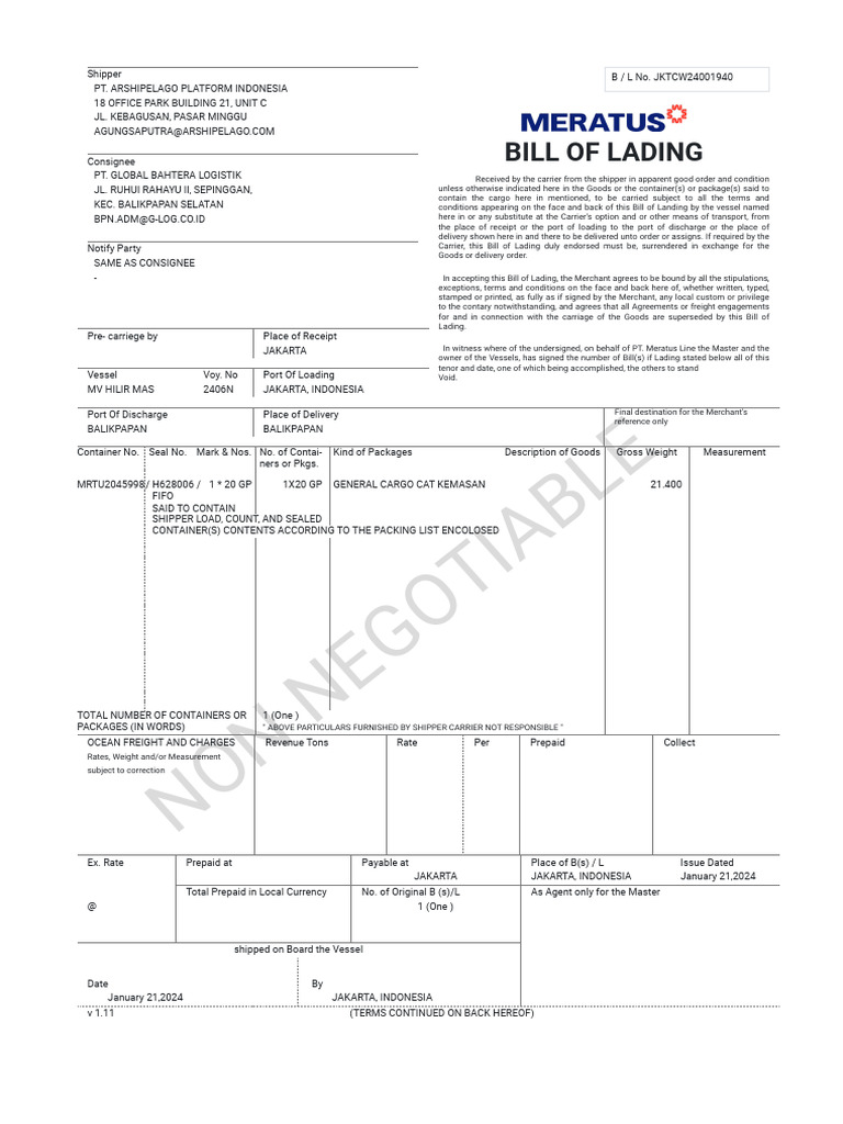 BL & SWB Atl Hilir Mas V.2406N Jakarta-Balikpapan (Global Bahtera ...
