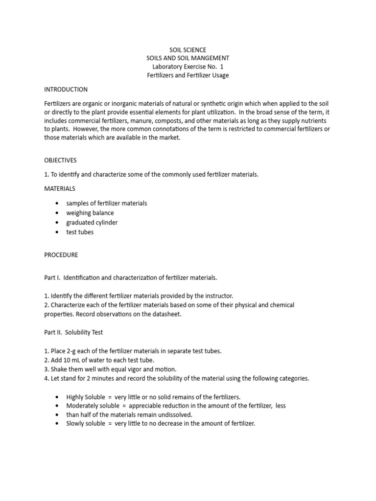 Soil Science Lab Exercise 1 | PDF | Fertilizer | Soil