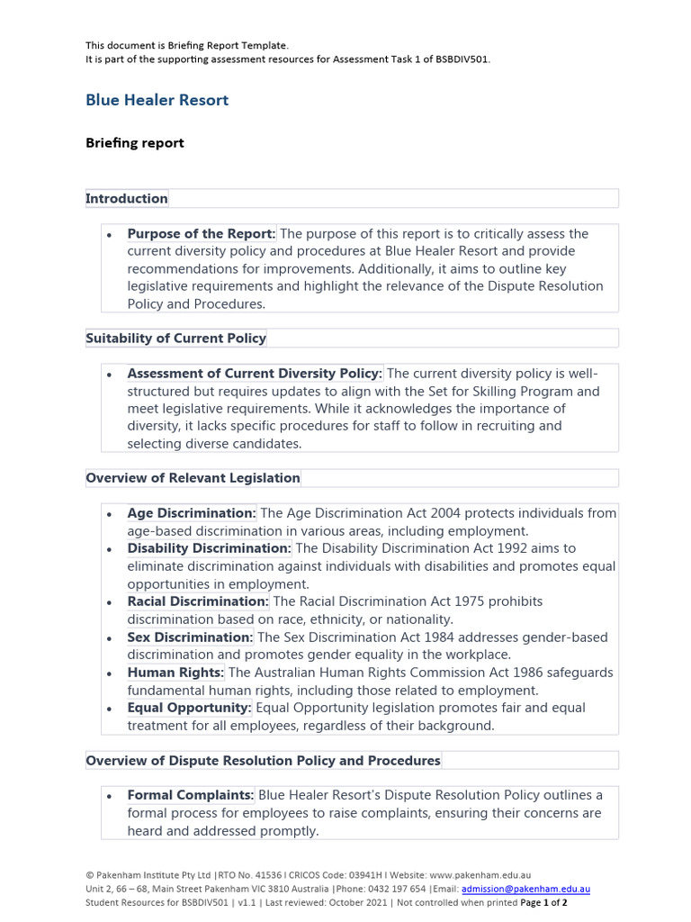Briefing Report Template | Download Free PDF | Discrimination | Employment
