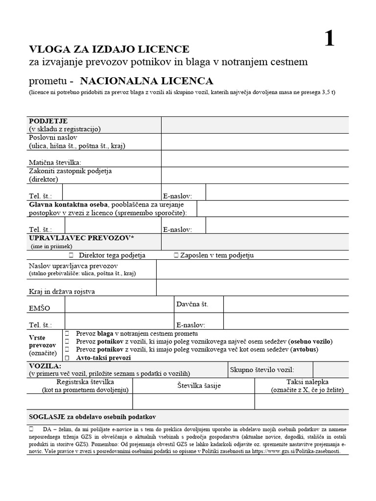 Vloga Za Izdajo Nacionalne Licence 2023 05 2 | PDF