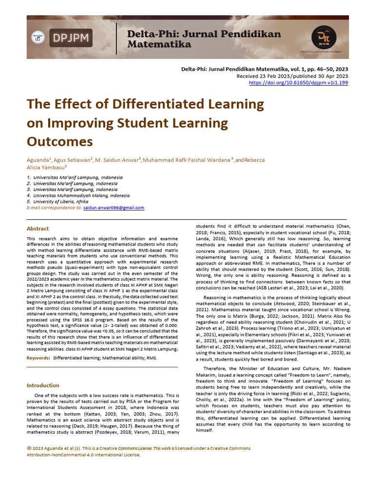 The Effect of Differentiated Learning On Improving Student Learning Outcomes | PDF | Statistics ...