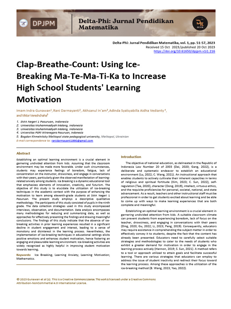 Clap-Breathe-Count: Using Ice-Breaking Ma-Te-Ma-Ti-Ka To Increase High School Students' Learning ...