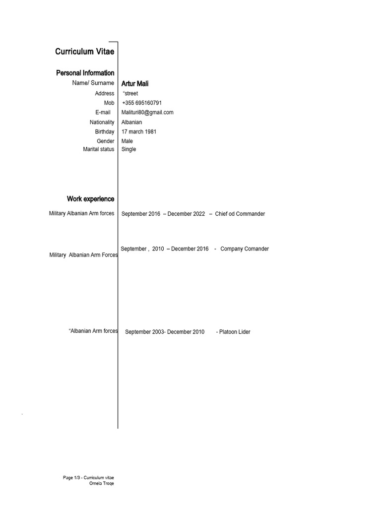Artur Mali CV | PDF | Albania | Cognitive Science