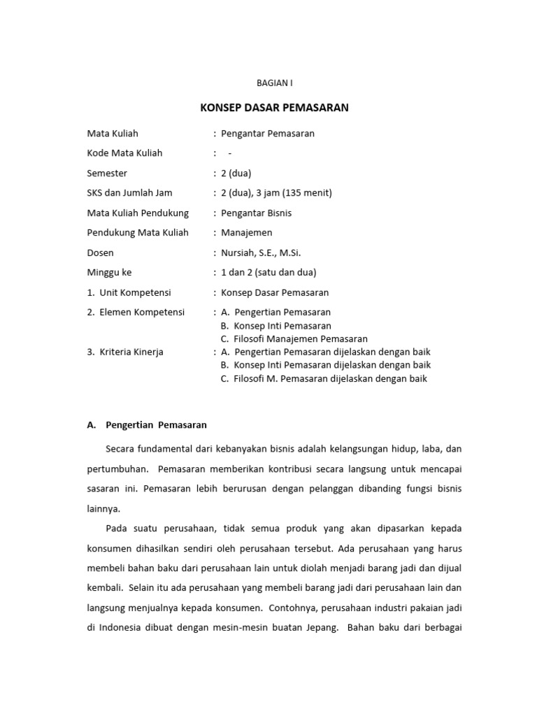 Bagian 1 Konsep Dasar Pemasaran-Materi | PDF