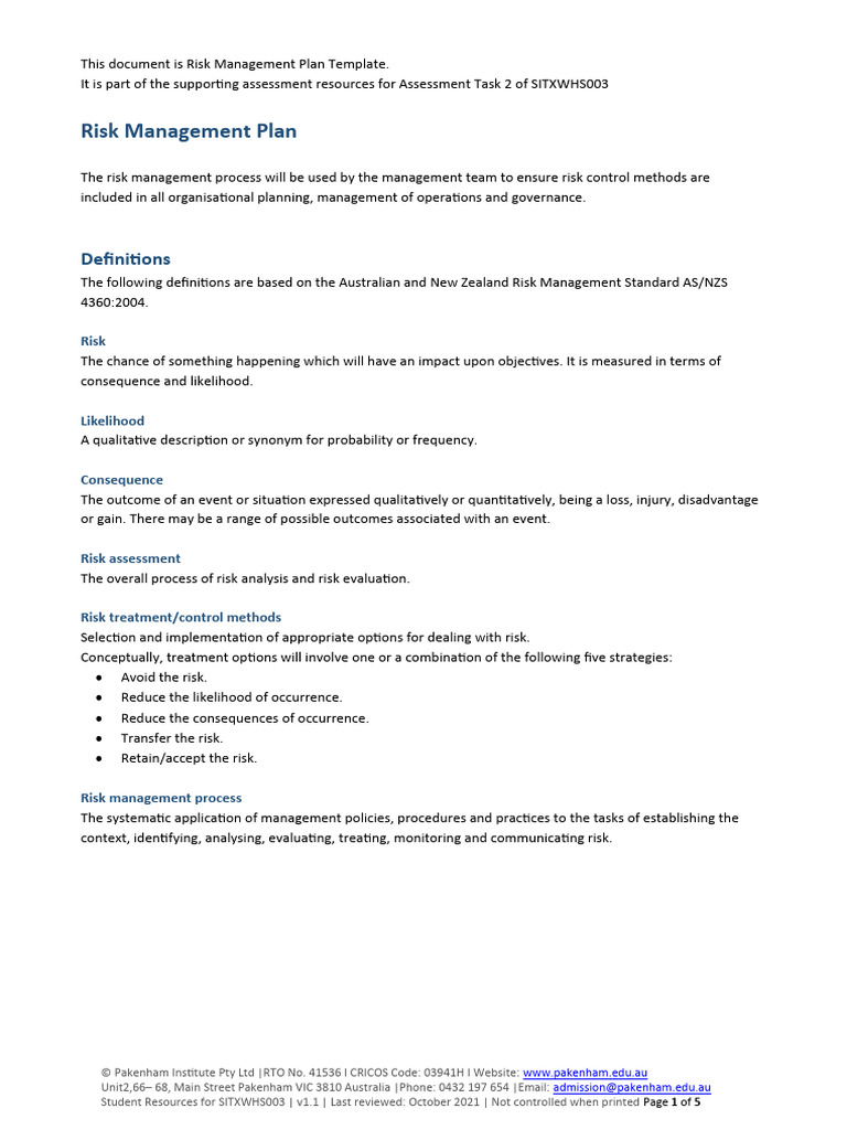 Risk Management Plan Template | Download Free PDF | Risk | Risk Management