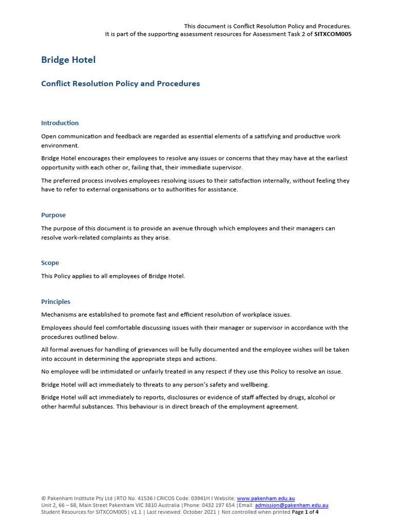 Bridge Hotel Conflict Resolution Policy | PDF | Employment | Conflict ...