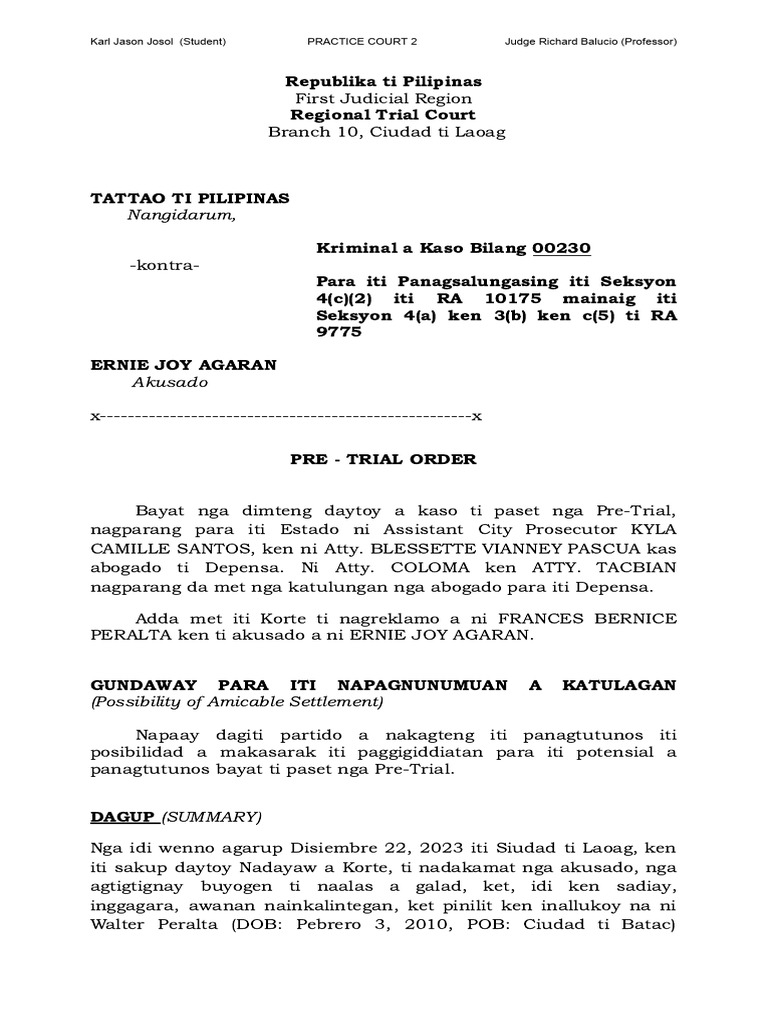 Pre-Trial Order Sample (Ilocano) | PDF