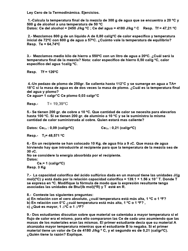 Ejercicios Ley Cero de La Termodinámica | PDF | Temperatura | Calor
