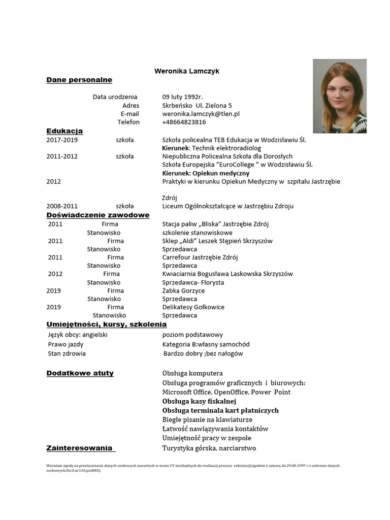 Weronika Lamczyk: Kierunek: Technik Elektroradiolog | PDF