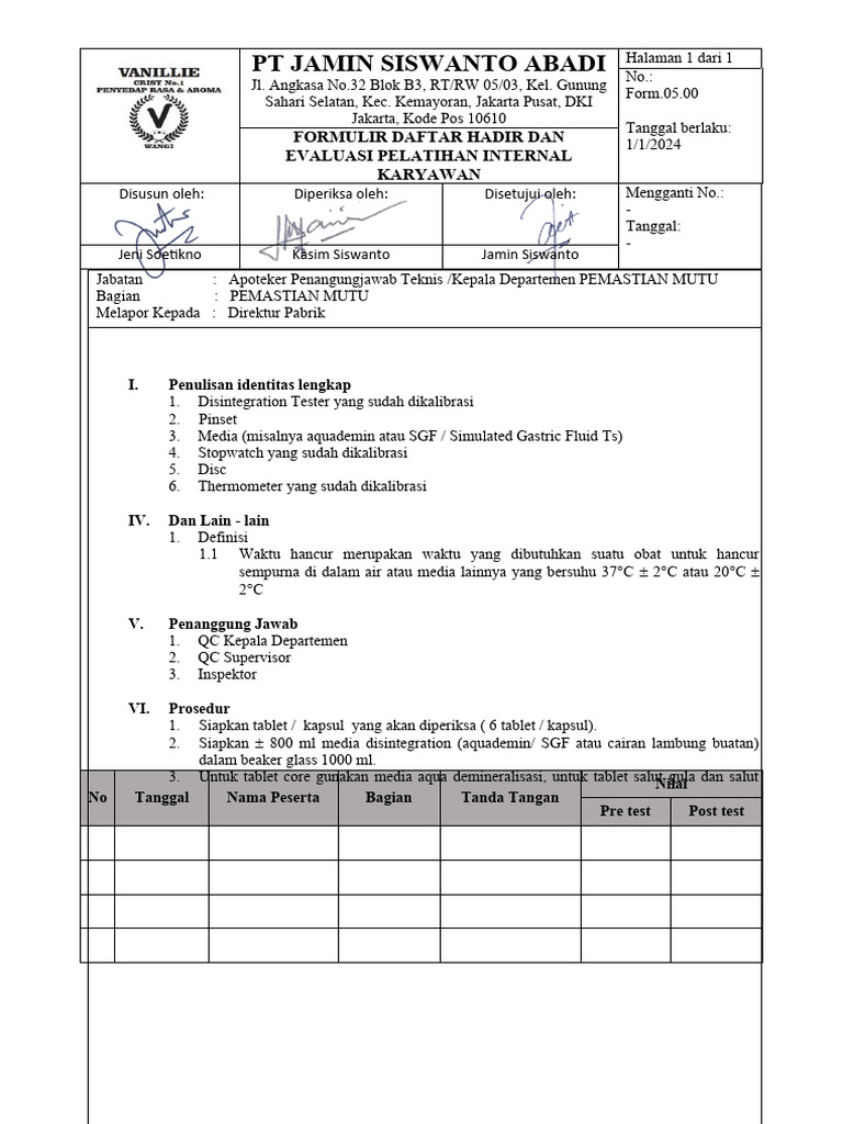 FORM-05-Formulir Daftar Hadir Dan Evaluasi Pelatihan Internal Karyawan | PDF
