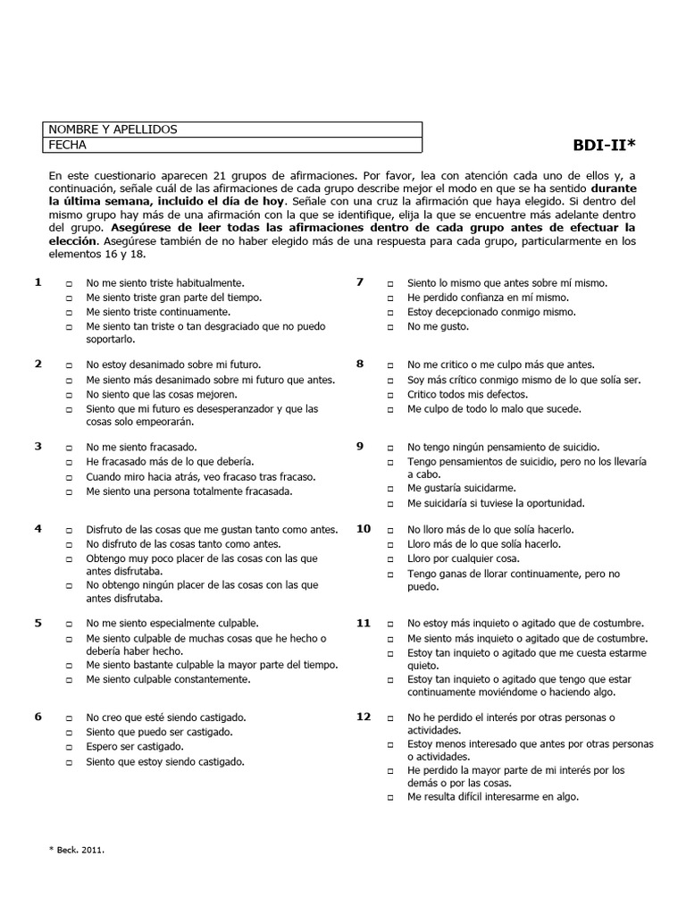 Cuestionario BDI-II de Depresión | PDF
