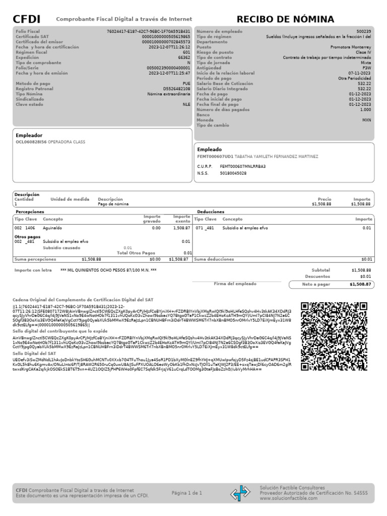 Recibo de Nómina: Comprobante Fiscal Digital A Través de Internet | PDF ...