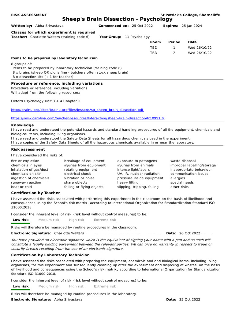 Psychology Sheep Brain Dissection Risk Assessment | PDF | Risk ...