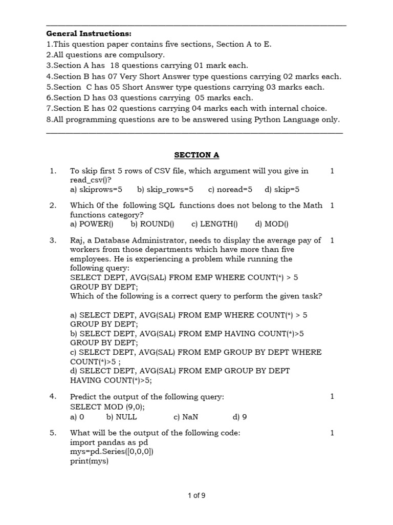 12th - QPAPER - Half Yearly 2023 | PDF | Table (Database) | Sql