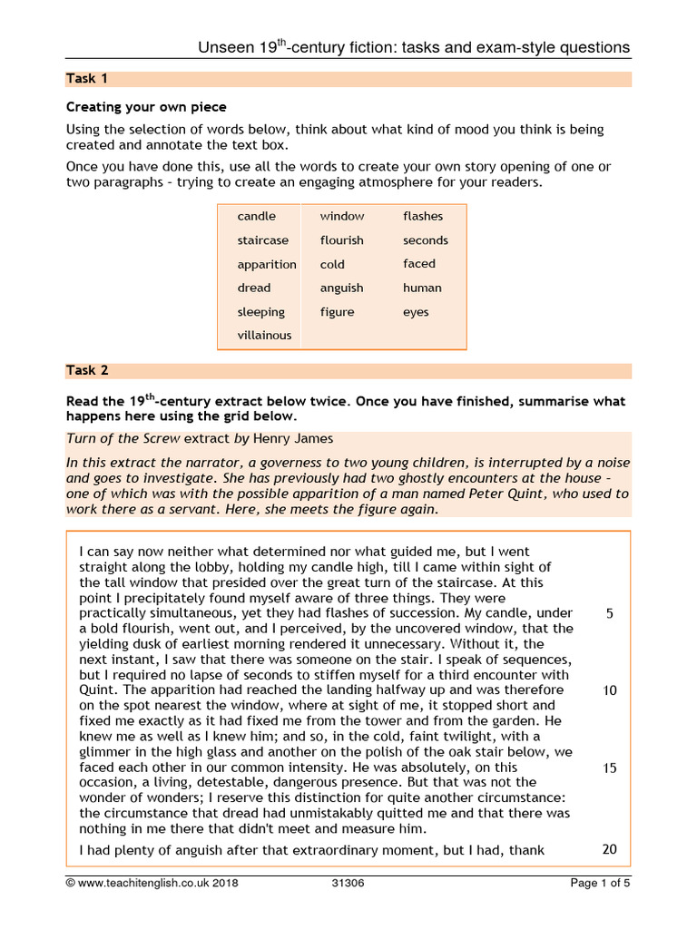 Unseen 19 - Century Fiction: Tasks and Exam-Style Questions: Task 1 ...