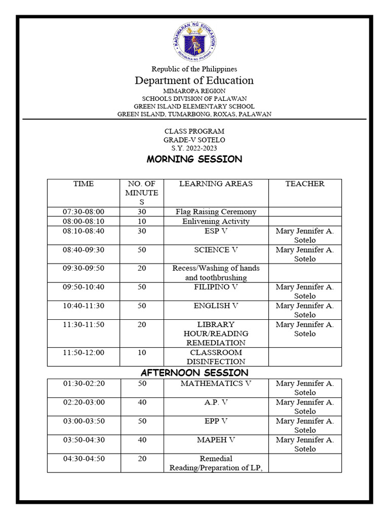 Grade V Class Program 2022-2023 | PDF | Philippines | Social Institutions