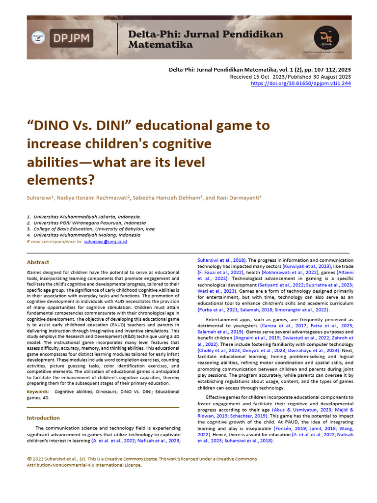 “DINO Vs. DINI” educational game to increase children's cognitive abilities—what are its level ...